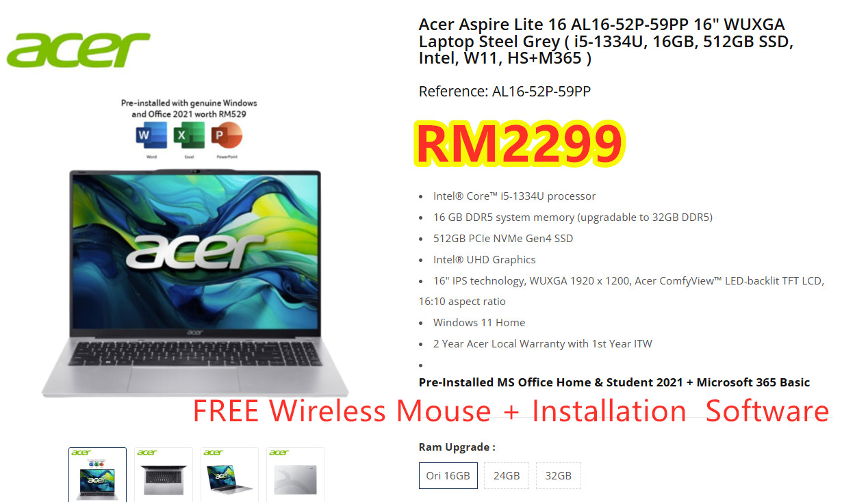 Acer Aspire Lite 16 AL16-52P-59PP 16" WUXGA Laptop Steel Grey ( i5-1334U, 16GB, 512GB SSD, Intel ...