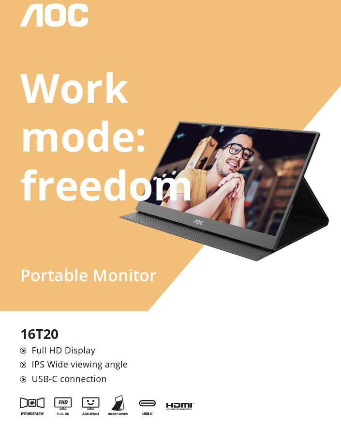 AOC 16T10 / 16T20 15.6" PORTABLE MONITOR (15.6" IPS FHD/60HZ /BUILT IN SPEAKER/USB Type C/Mini ...