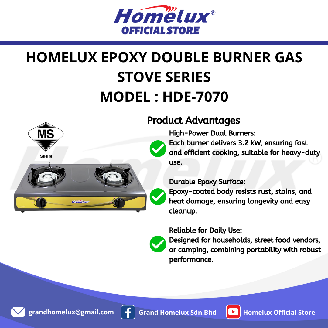 [ SIRIM ] HOMELUX EPOXY DOUBLE BURNER GAS STOVE SERIES HDE-7070 Gas ...