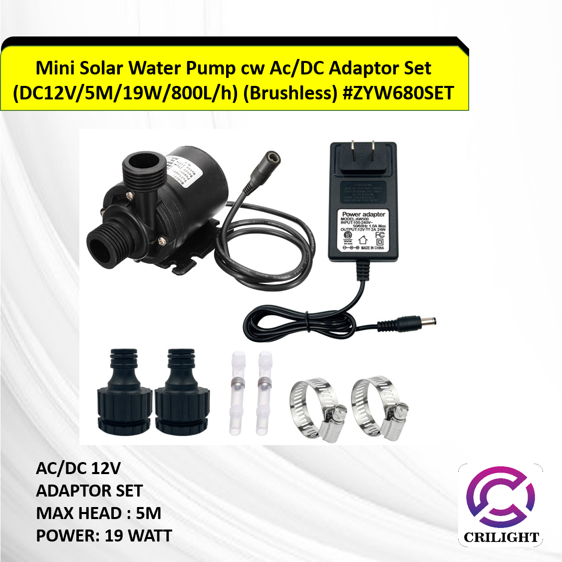Mini Solar Water Pump cw Ac/DC Adaptor Set (DC12V/5M/19W/800L/h ...