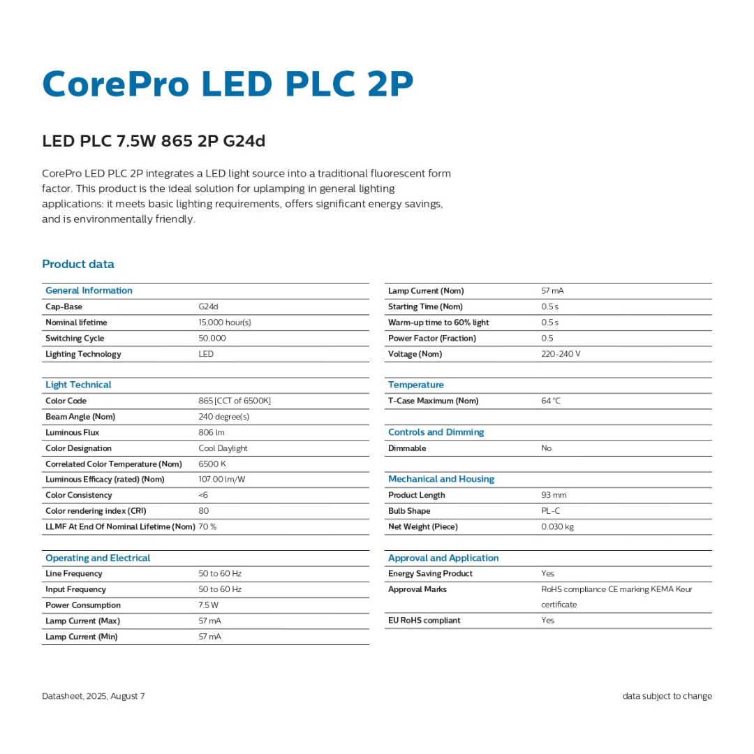 PHILIPS CorePro PLC 7.5W/9W LED Tube Bulb 2 Pin G24d 3000K/4000K/6500K ...