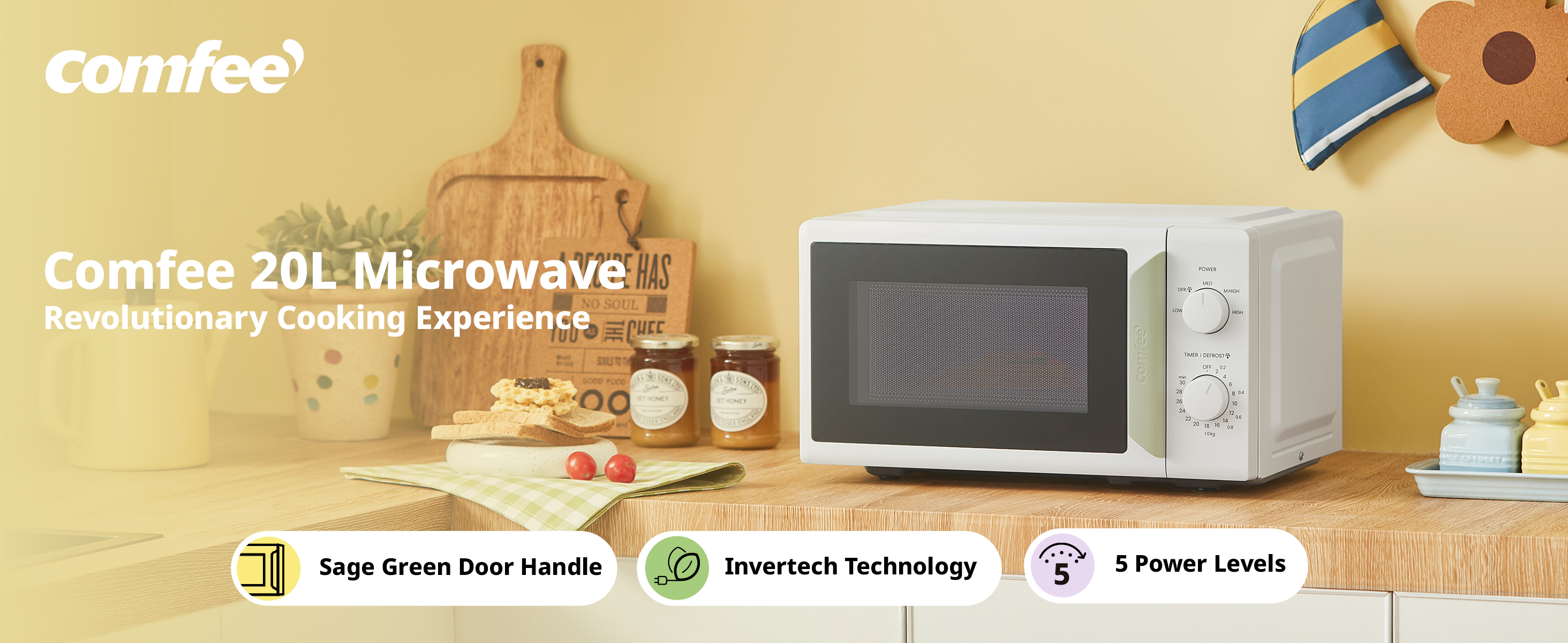 Comfee Microwave Oven Inverter 20L Lightweight, 5 Settings, Energy Efficiency, CMO-MM7P012NDPF ...