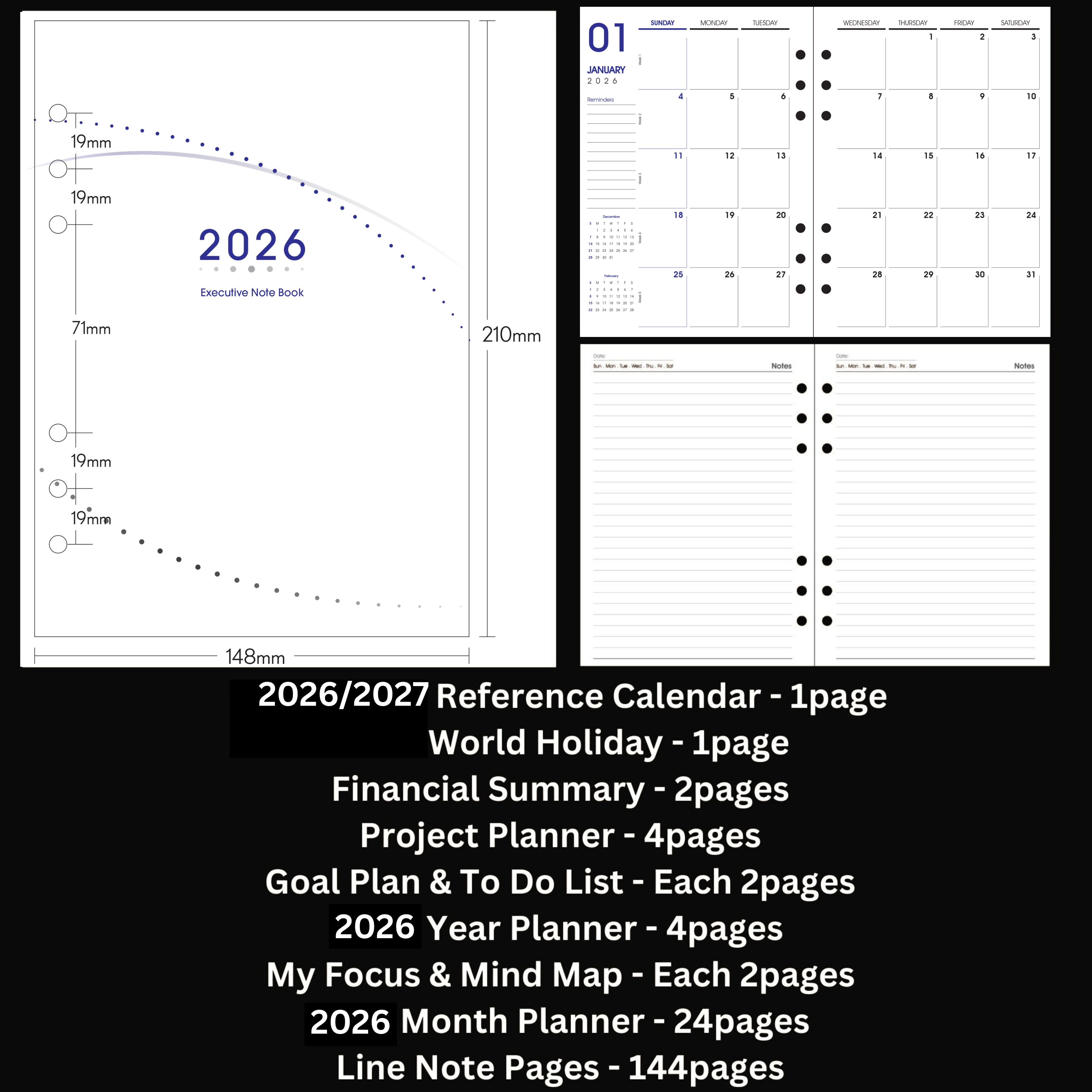 2026 Diary Planner A5 PU Organizer 6 O Ring Binder Loose Leaf Monthly ...