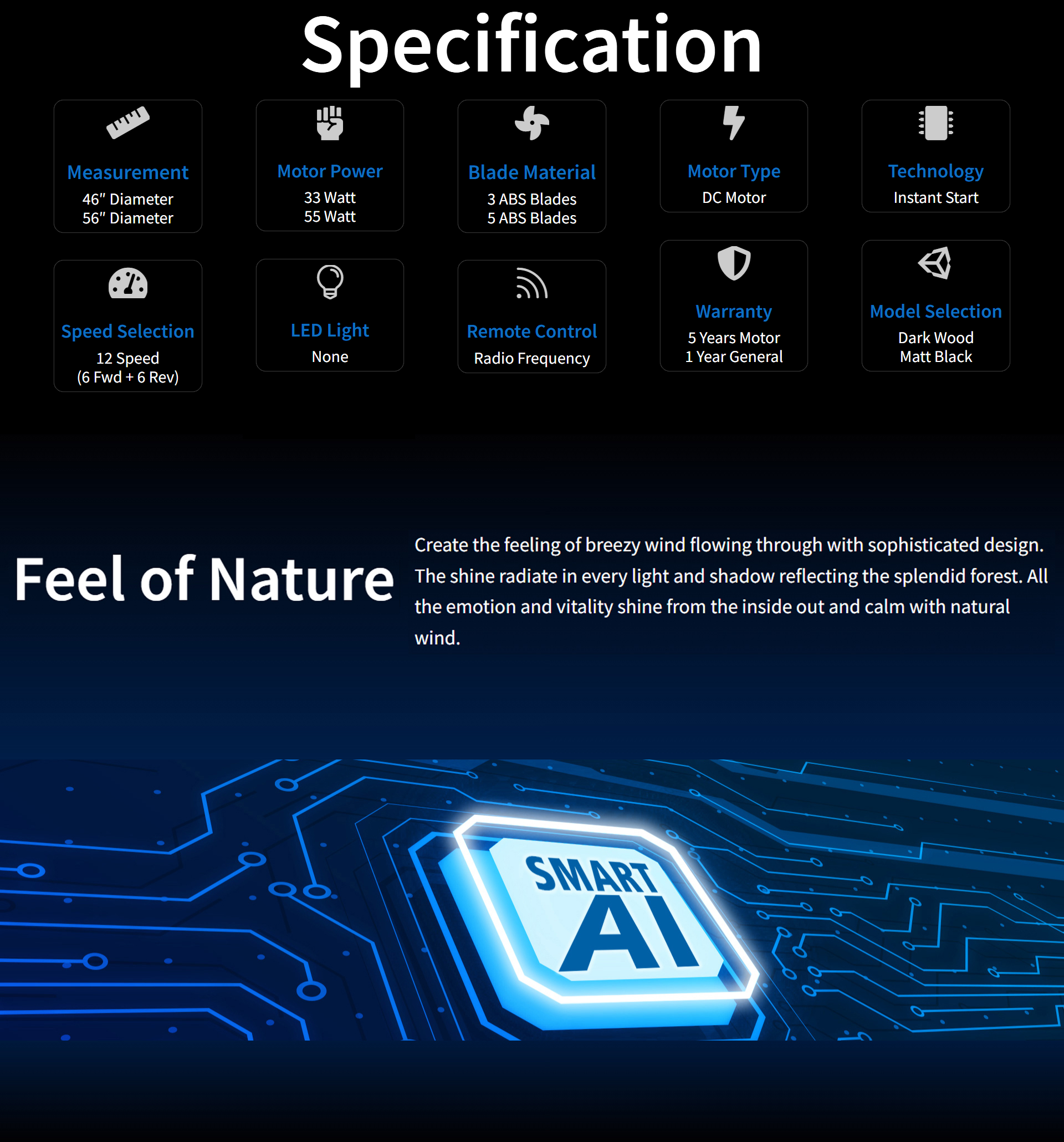 Rezo Ceiling Fan (46"/56")(Matt Black/Dark Wood) DC Motor 12-Speed ...