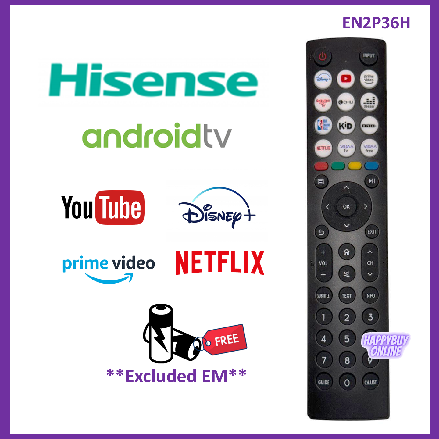 Compatible Hisense Vidaa 4K FHD Android Smart TV Remote Control EN2P36H ...