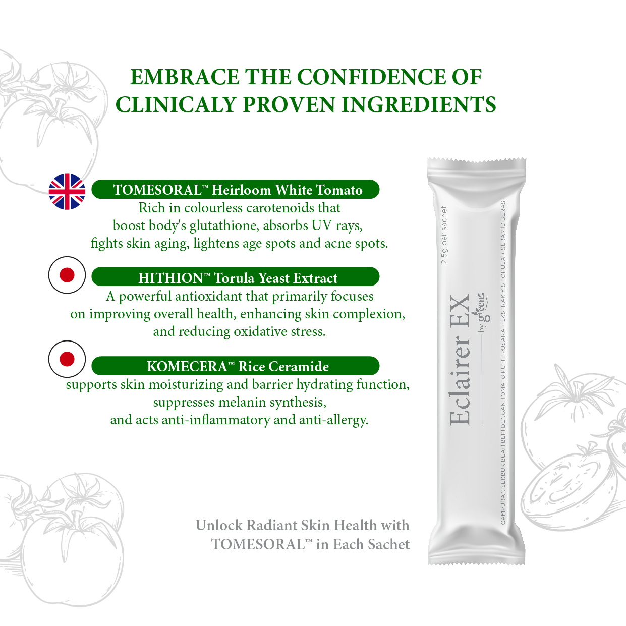 GREENS Eclairer EX White Tomato (TOMESORAL) for Skin Glow Up (2.5g x 15 ...