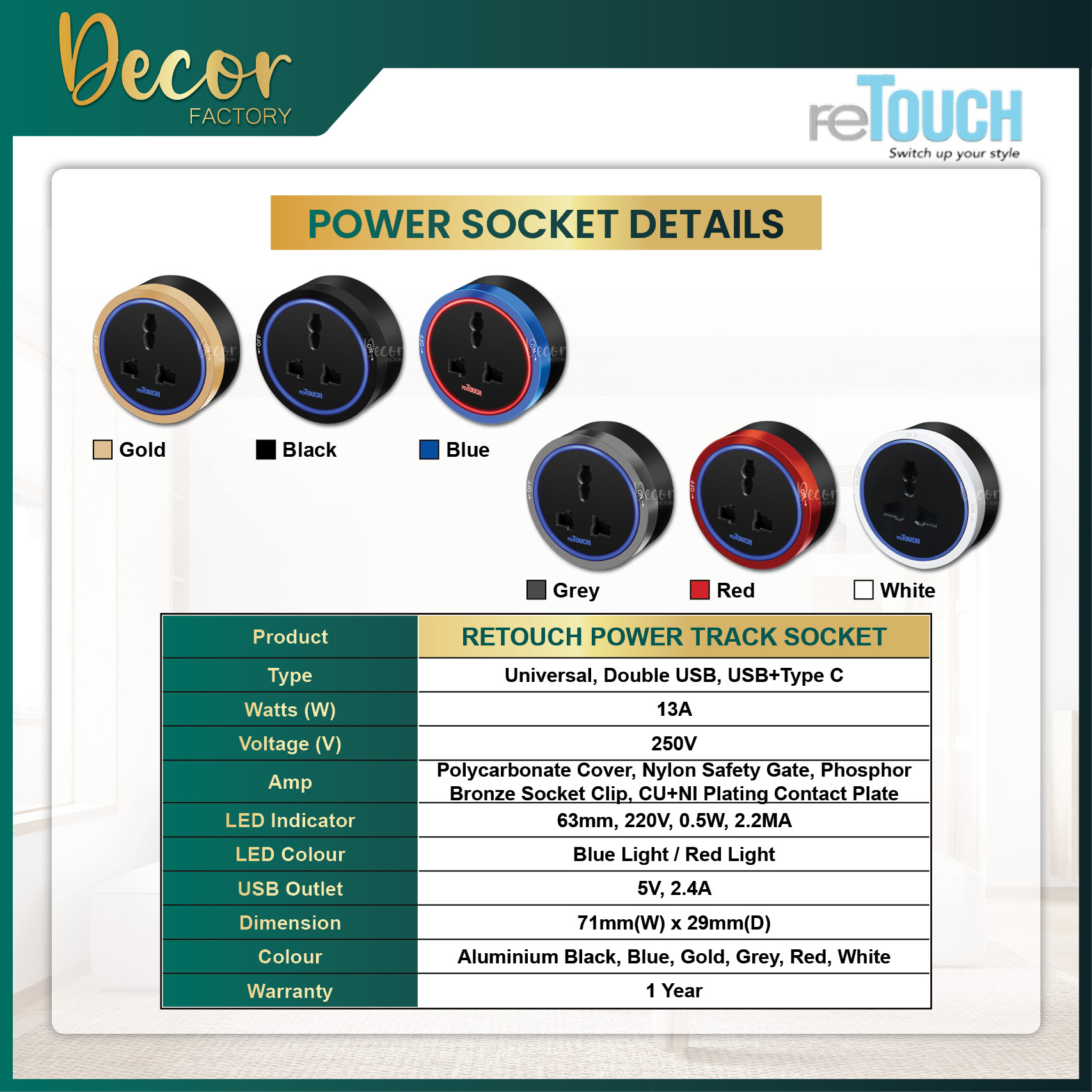 RETOUCH Power Track 400/600/800/1000mm 32A Power Rail Power Line Socket ...