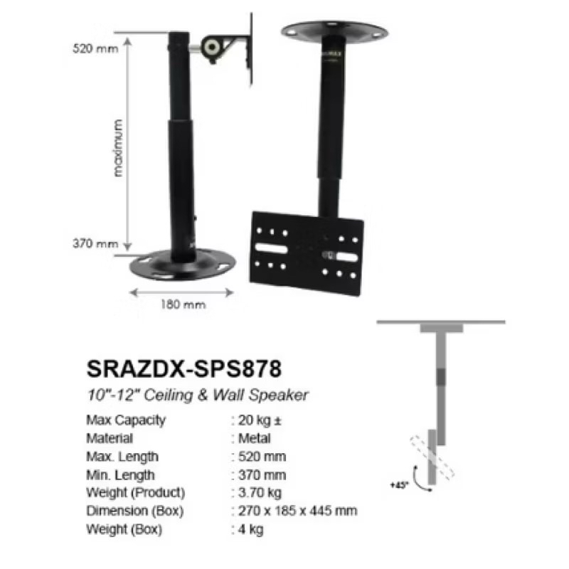 1 Pair 25kg 8"~12" Ceiling & Wall Mount Speaker Bracket DYNAMAX SPS878 ...