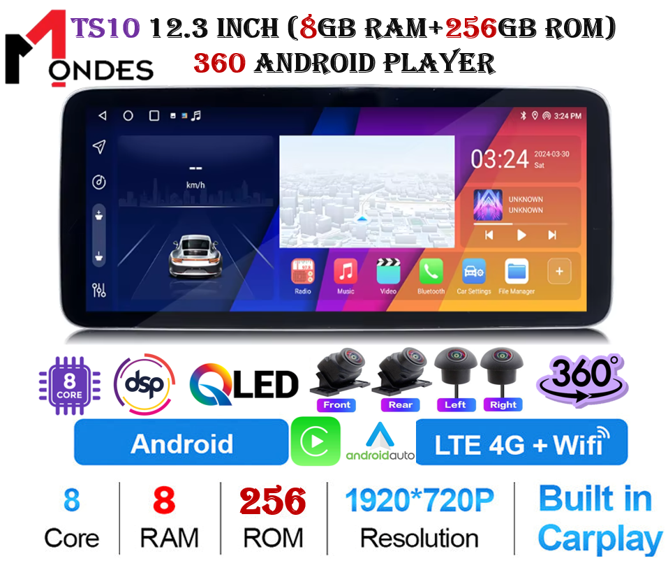 MONDES 12.3 Inch TS10 8 Ram+256 Gb Q-LED Universal Android Player With ...