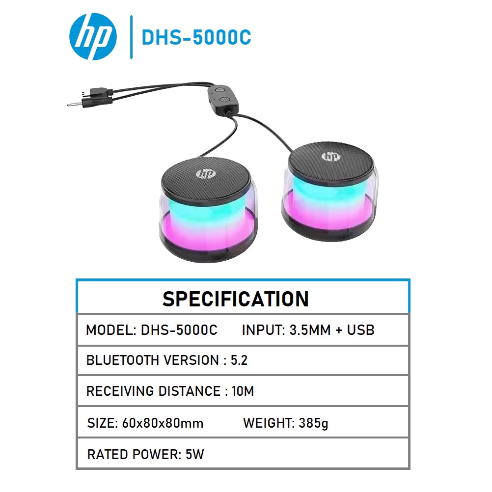 HP DHS-5000C WIRED BLUETOOTH USB SPEAKER WITH RGB LIGHT, IN LINE VOLUME CONTROL AND SURROUND ...