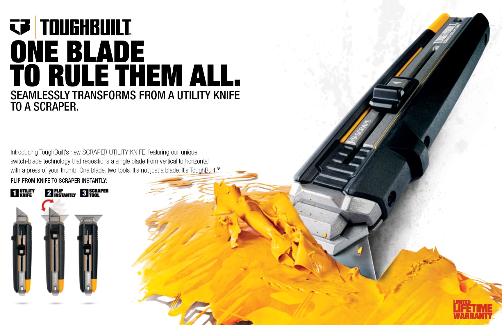 TOUGHBUILT Scraper Utility Knife 19mm 2-in-1 Blade Retractable Utility ...