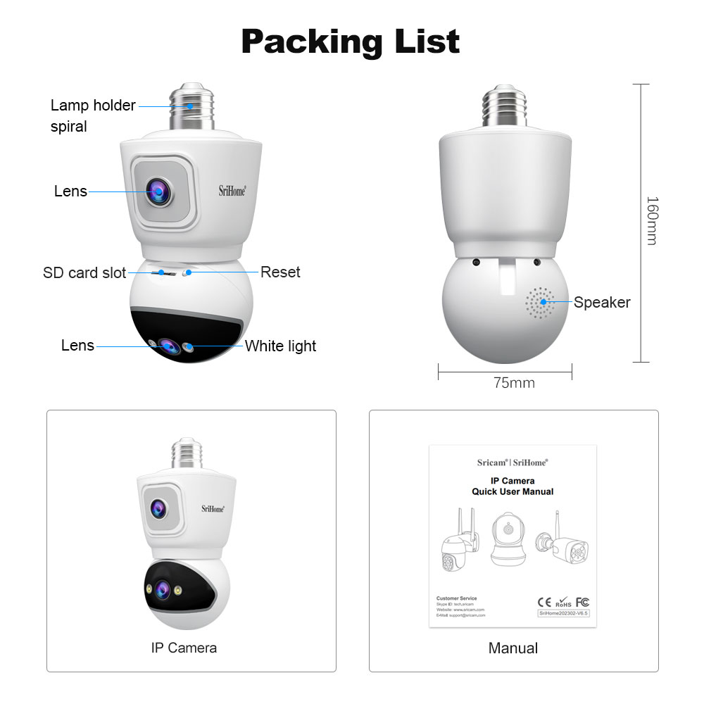 SriHome SH067 Bulb Dual Lens Wifi Camera CCTV 1080P FHD 360° Panoramic ...