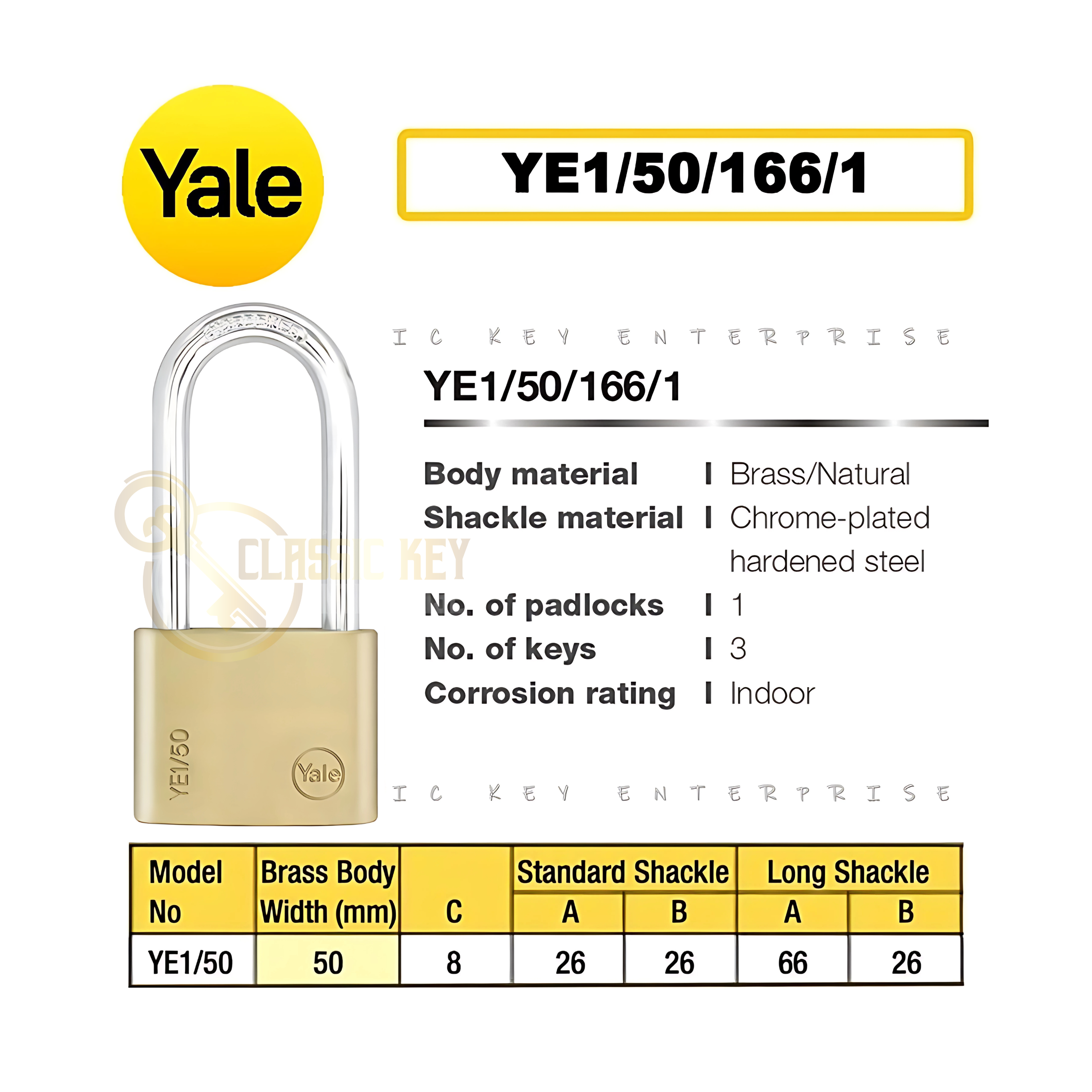 Yale Padlock Solid Brass Body Size 50mm (LONG SHACKLE) Model YE1/50/166/1 ESSENTIAL | Shopee ...