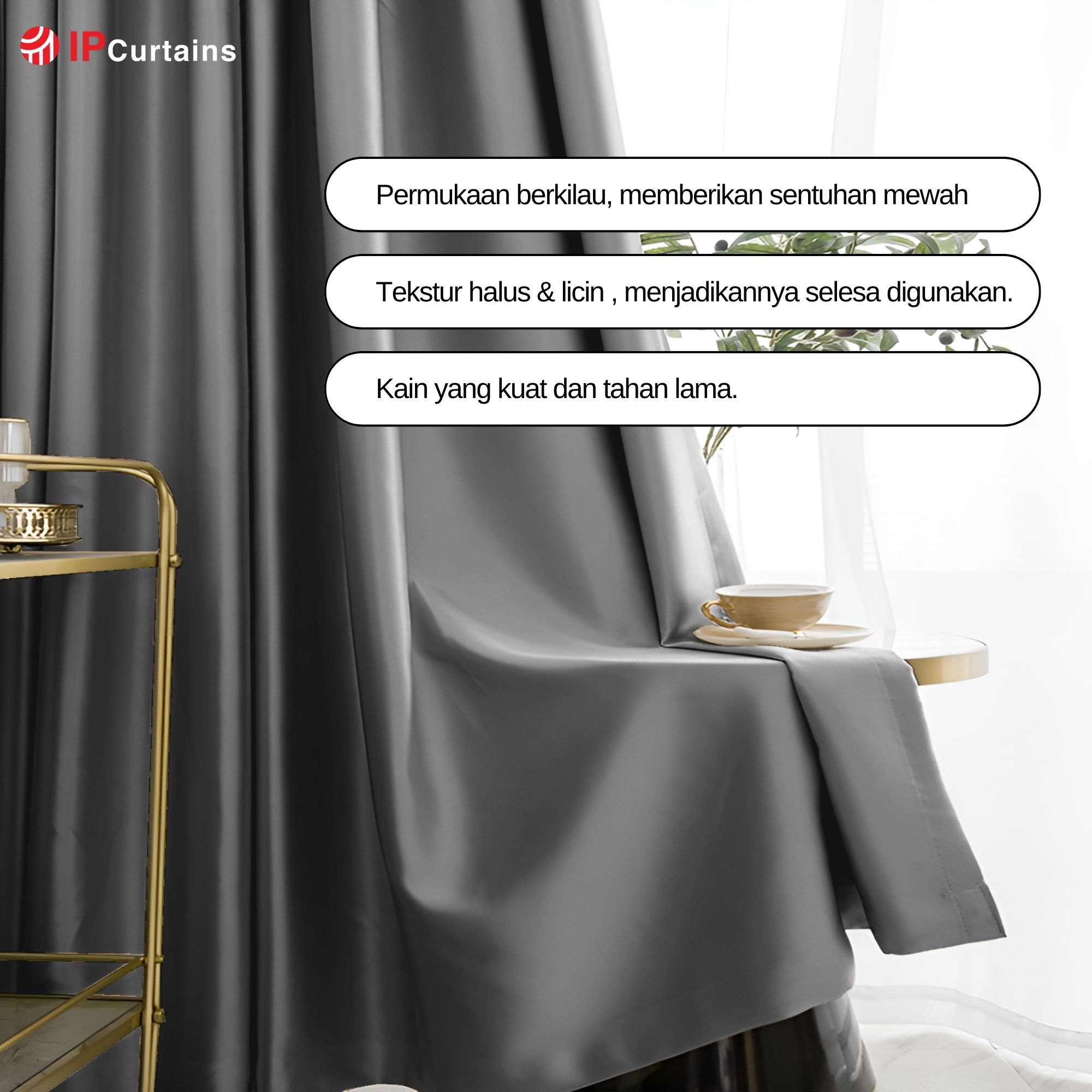 IP CURTAIN NOAH Langsir 80% Blackout Warna Dark Grey Cangkuk / Ring ...