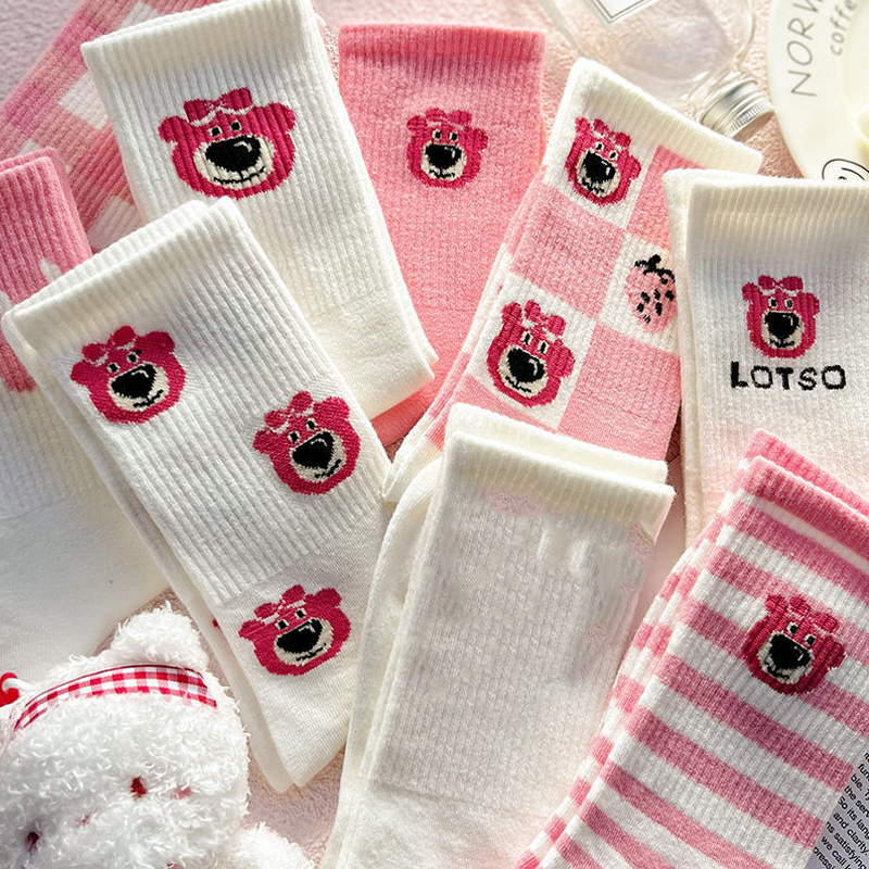 𝐂𝐑𝐄𝐖-𝐋𝐄𝐍𝐆𝐓𝐇 Pink Strawberry Lotso Bear Long Neck Socks Cotton High ...
