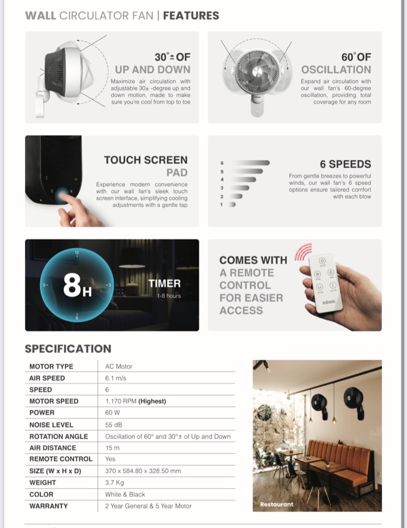 [NEW2024] HOUM C12W Air Circulator Wall Fan 12" 6 Speed Strong Wind Auto Up and Down Oscillation ...