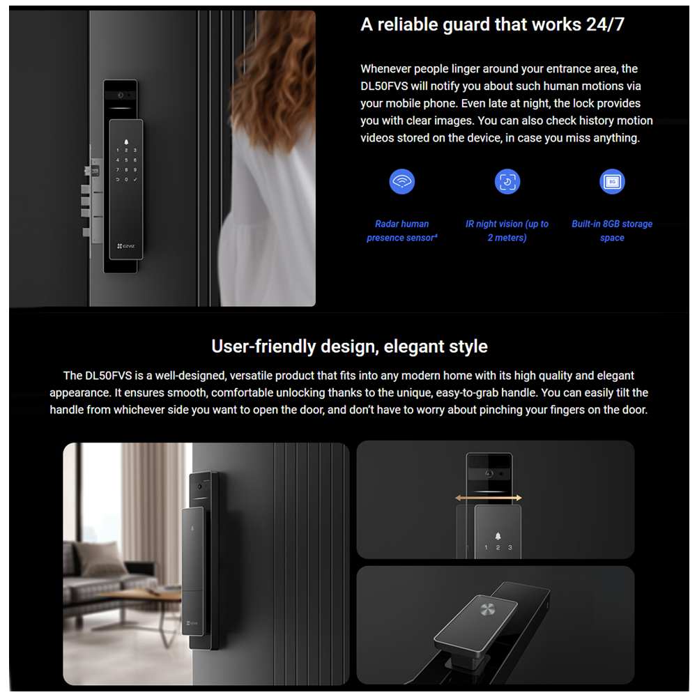 EZVIZ DL50FVS Face Recognition Smart Lock Keyless Doorlock Dual-Lens 3D ...