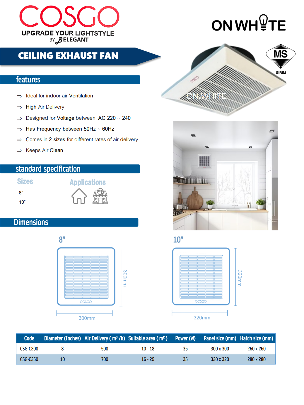 COSGO CEILING TYPE EXHAUST FAN / VENTILATION FAN 8"INC / 10"INC WHITE ...