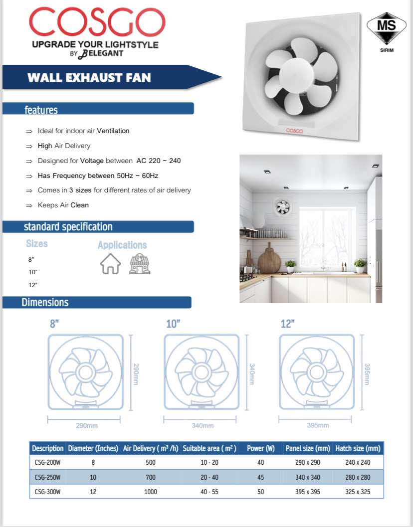 COSGO Wall Exhaust Ventilation Fan Ekzos Kipas 8'' 10' 12'' Sirim ...