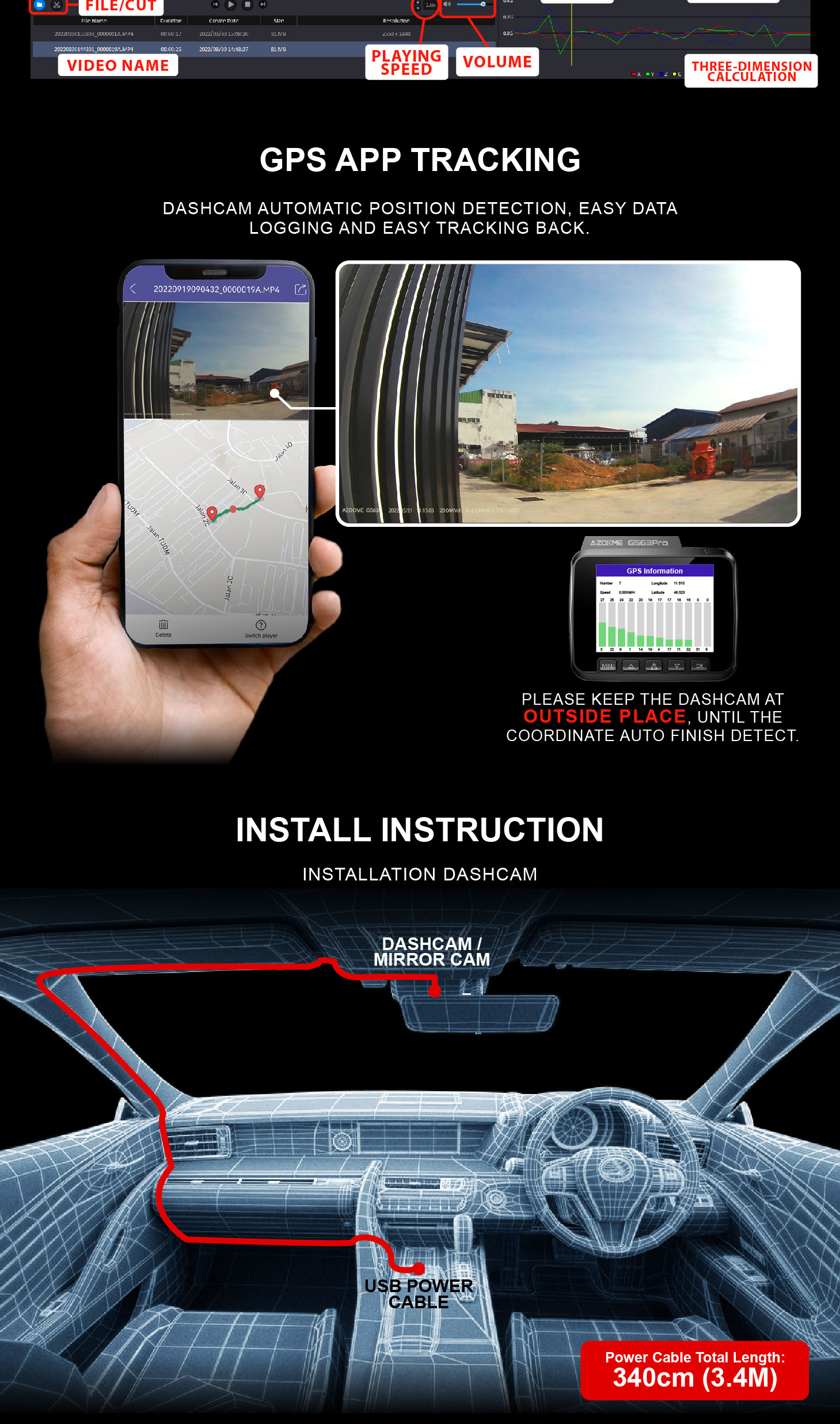 AZDOME GS63PRO 2160P/4K Ultra HD Dual Channel Front Dash Cam Night Vision ADAS App Control Car ...