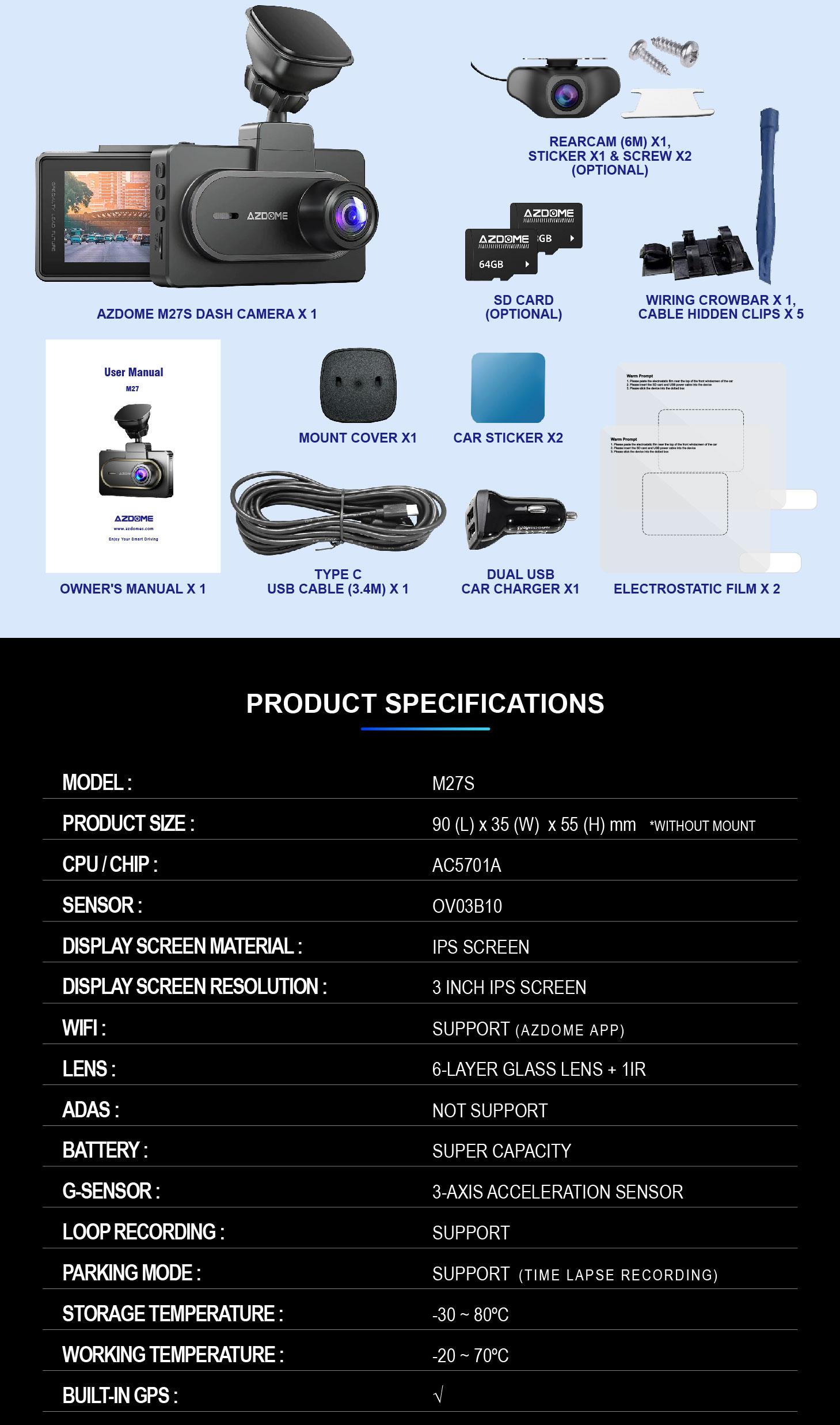 AZDOME M27S 1440P Quad HD Dual Channel Front & Rear Dash Cam Night ...