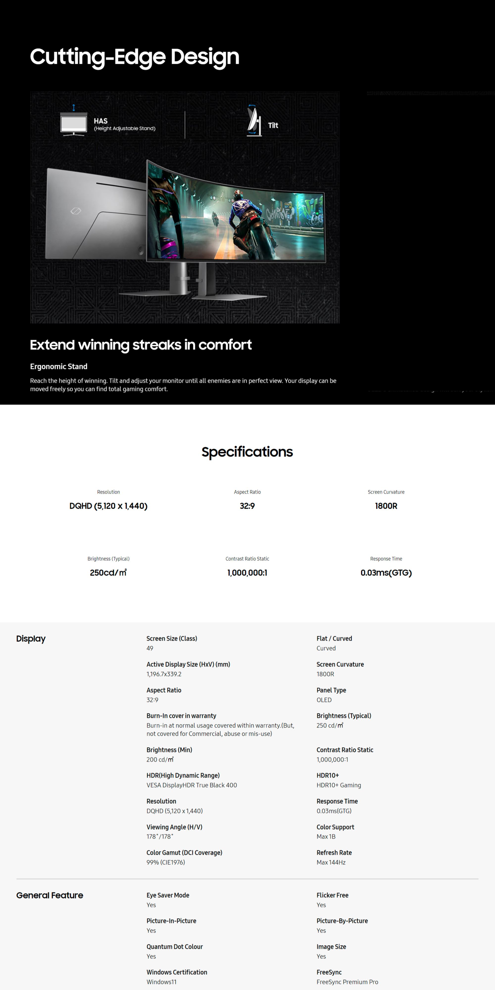 Samsung 49" Odyssey OLED G9 | G91SD DQHD 144Hz Gaming Monitor ...