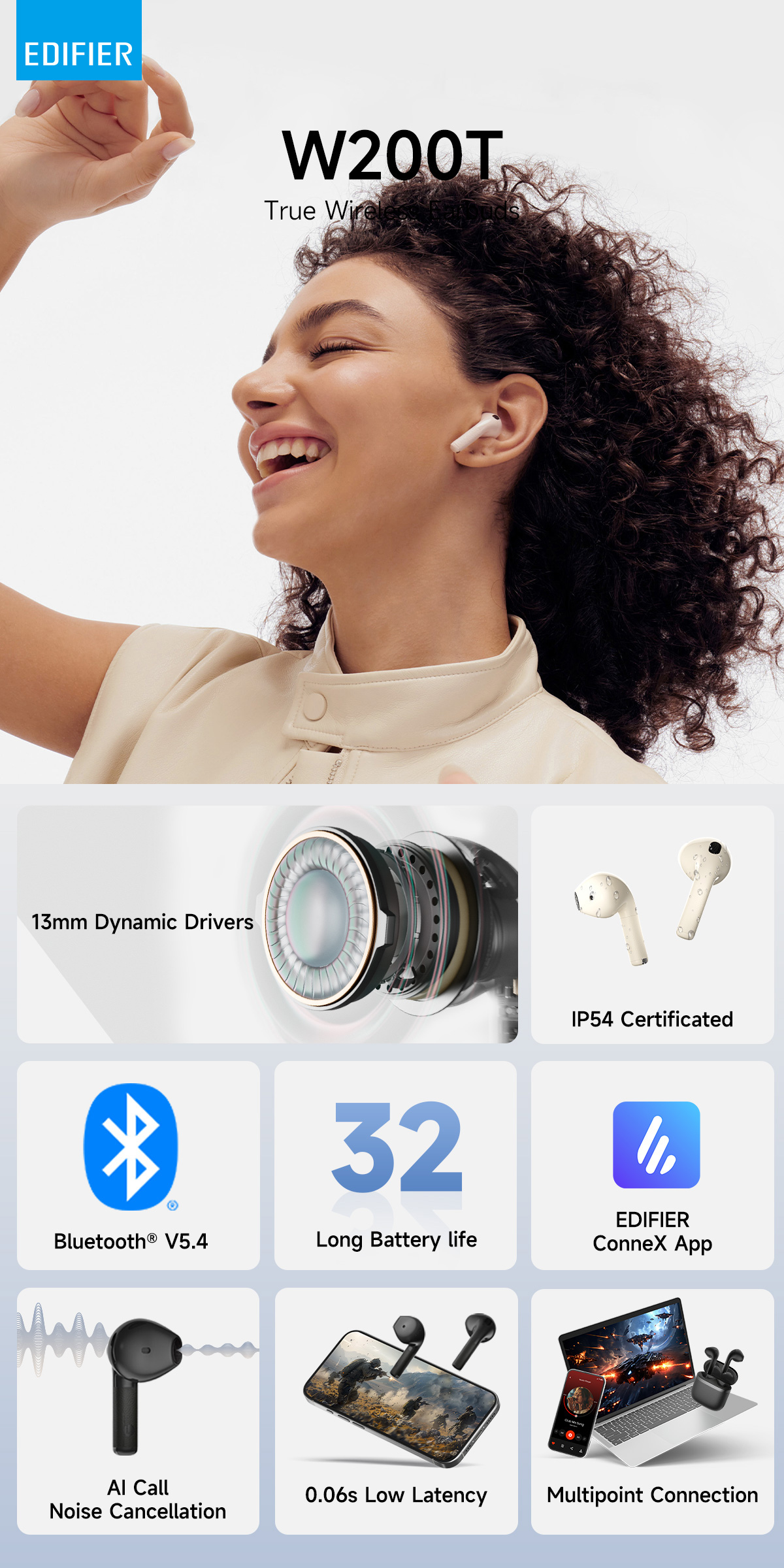 Edifier W200T - True Wireless Earbuds Bluetooth V5.4 | ANC | 13mm ...