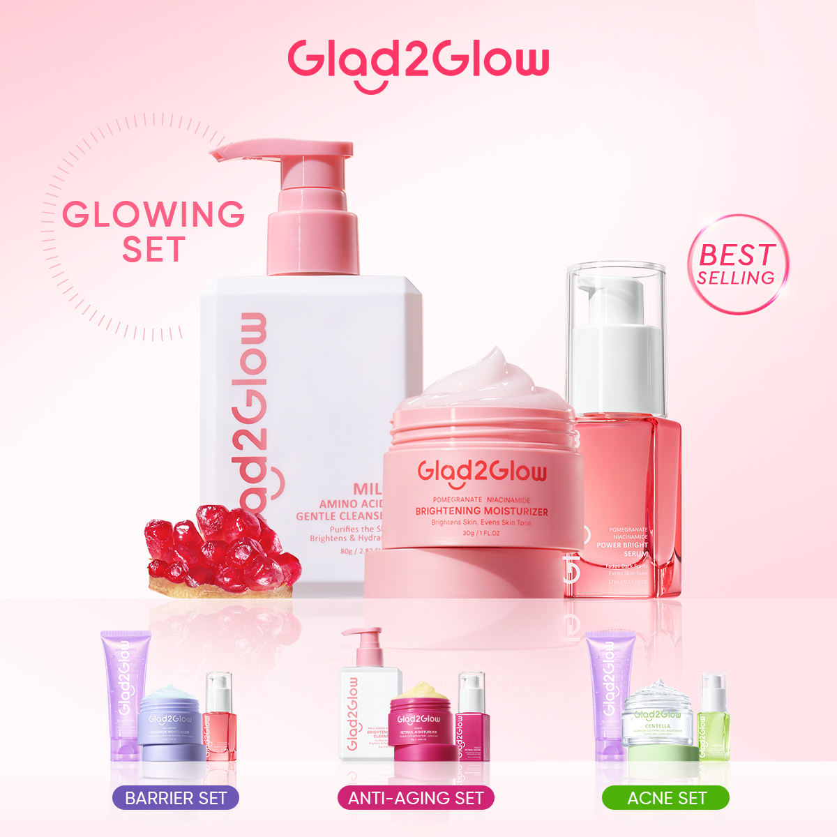 Glad2Glow 3In1 Cleanser+Moisturizer+Serum Travel kit Skincare Set Brightening Glowing/Acne ...