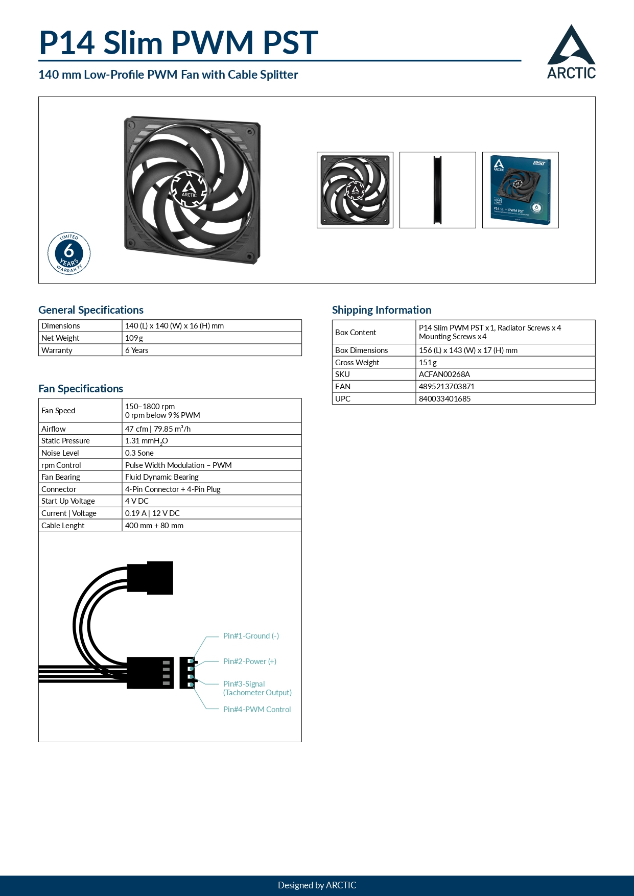 ARCTIC P14 SLIM PWM PST 140mm LOW PROFILE PWM FAN WITH CABLE SPIITTER ...
