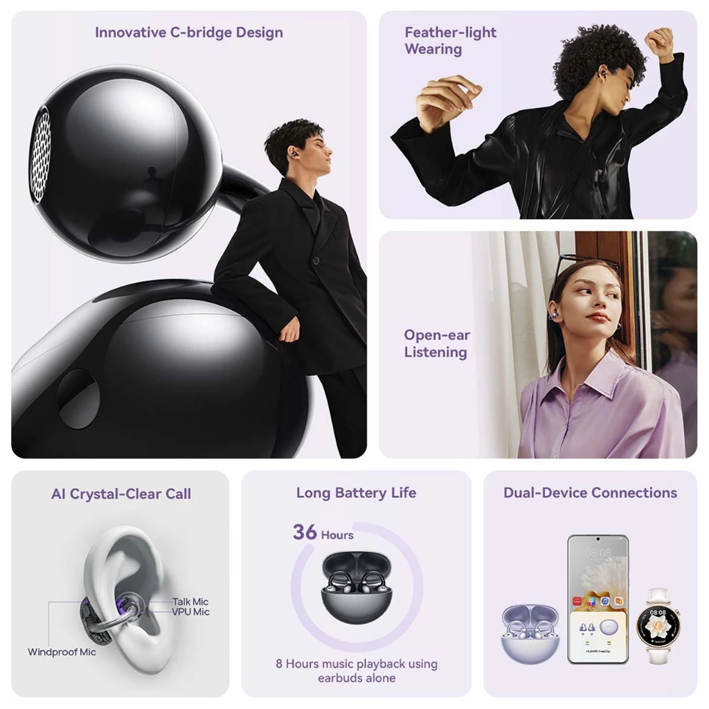 HUAWEI FreeClip Buds C-bridge Design l Open-ear listening lAI Crystal ...