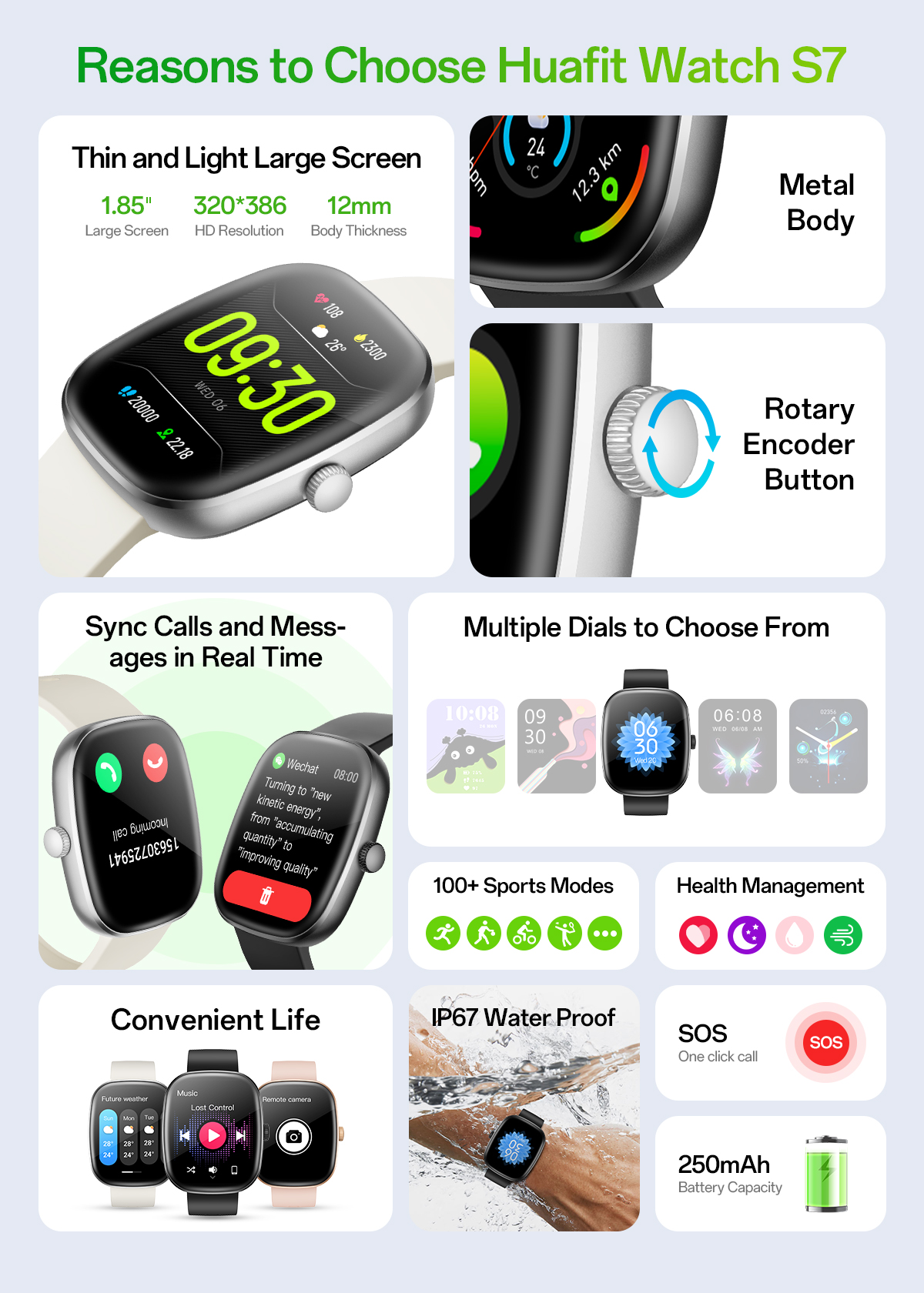 Aolon&Huafit S7 Smart Watch 1.85"HD Full Touch Screen Bluetooth WA Call ...
