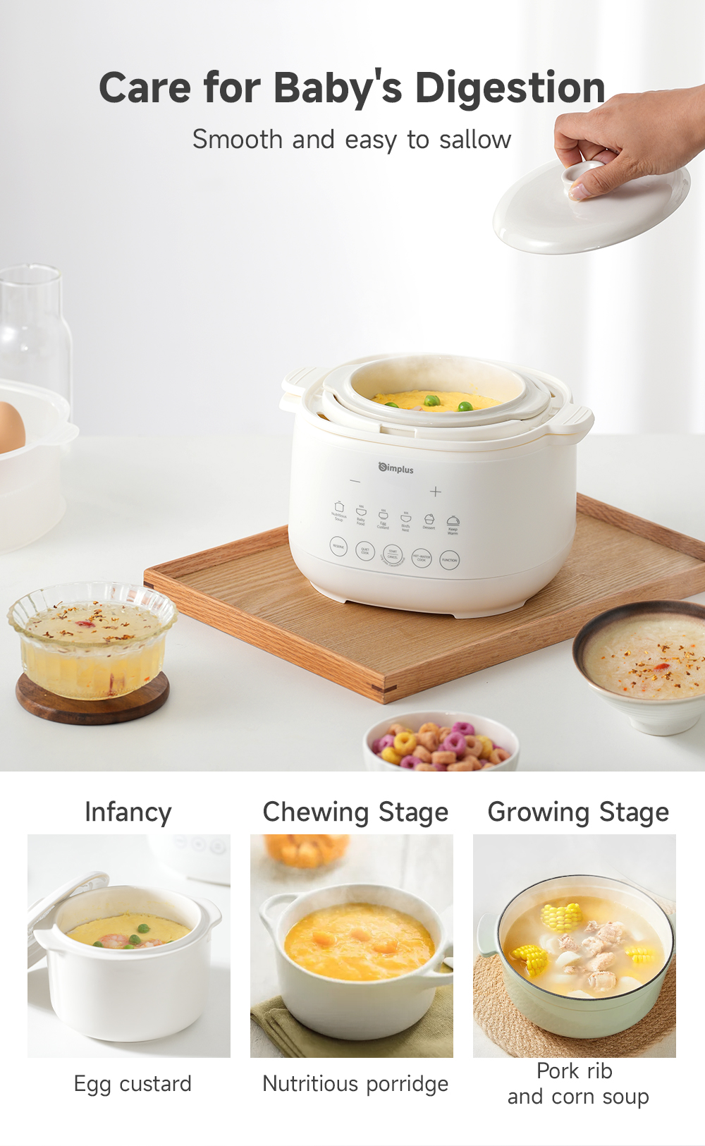Simplus Electric Slow Cooker丨1L Stew Pot丨Double Boiling丨Smart Preset ...