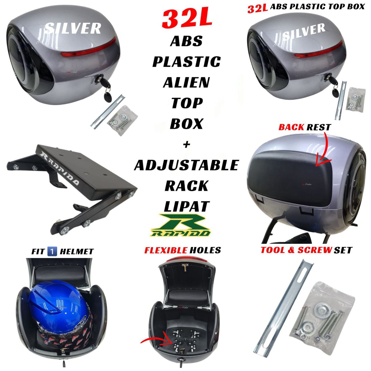 RAPIDO Adjustable Besi Rack Lipat+32L Alien Top Box Siput LC135 V2-V8 ...