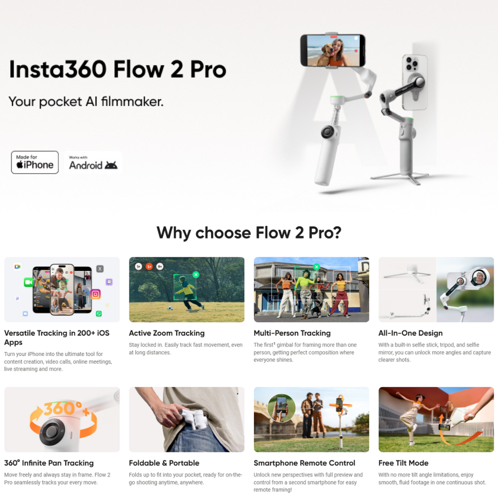 [NEW] Insta360 Flow 2 Pro/Flow Pro/Flow - Al Powered Smartphone Gimbal Stabilizer With Built-In ...
