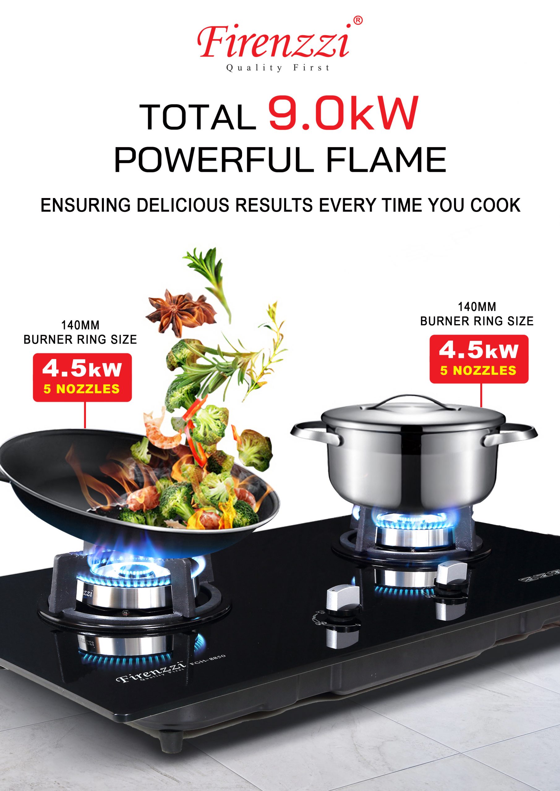 FIRENZZI FGH-8850 Glass Hob with Safety Valve & Cast Iron Stand ...
