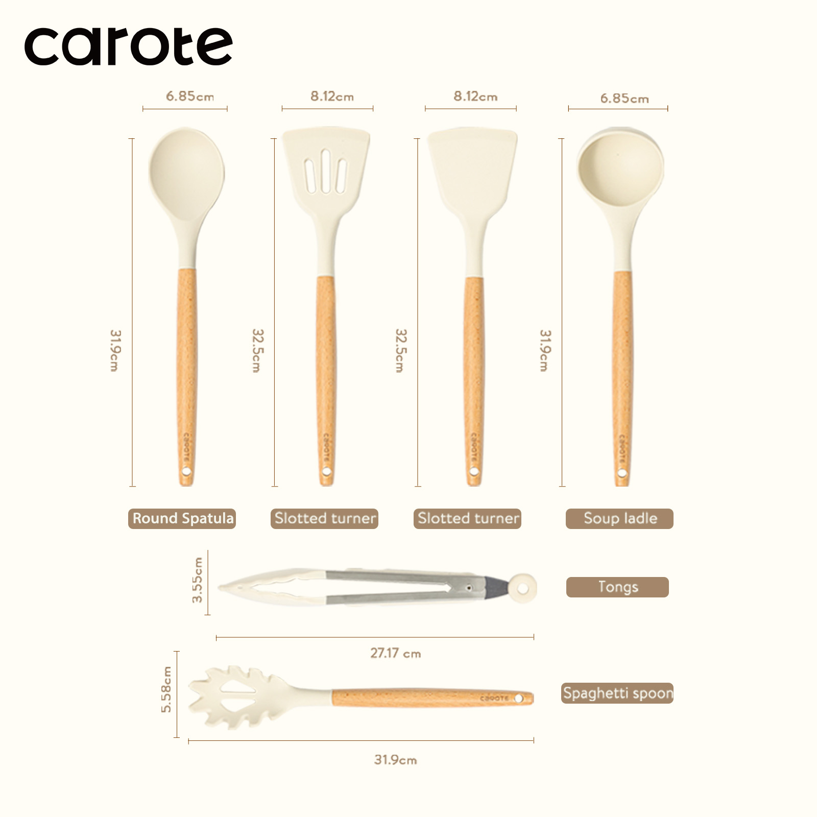 CAROTE Wooden Handle Slotted White color Non-stick Food Grade Silicone ...