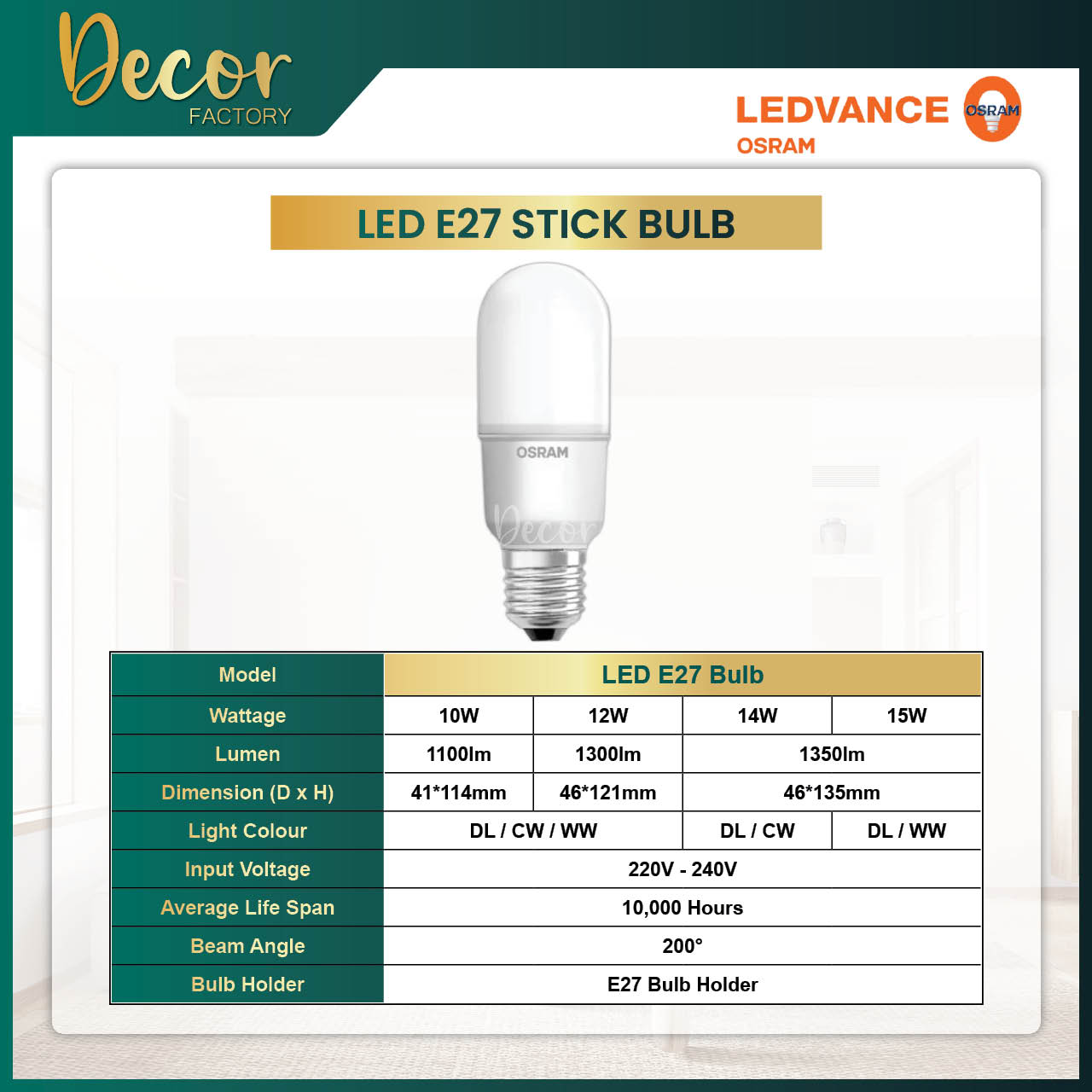 OSRAM LED STICK BULB E27 10W / 12W / 14W / 15W Daylight / Coolwhite / Warmwhite PLC LED Stick ...