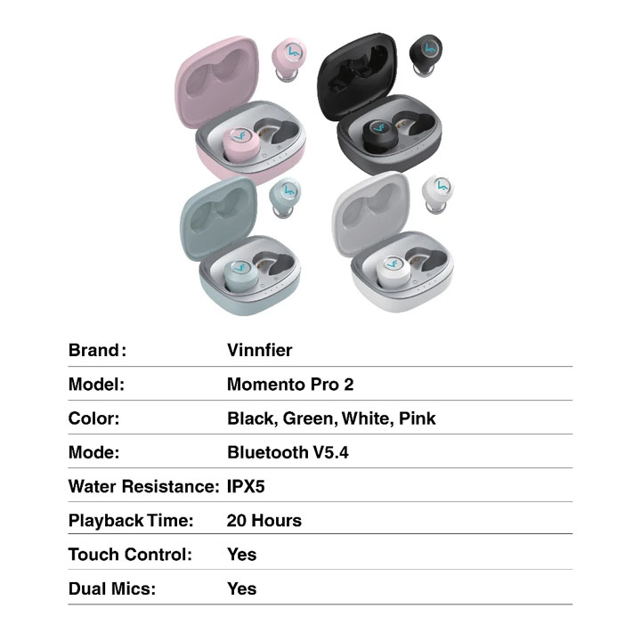 VINNFIER MOMENTO PRO 2 TRUE WIRELESS STERO EARBUDS DUAL MIC BLUETOOTH ...
