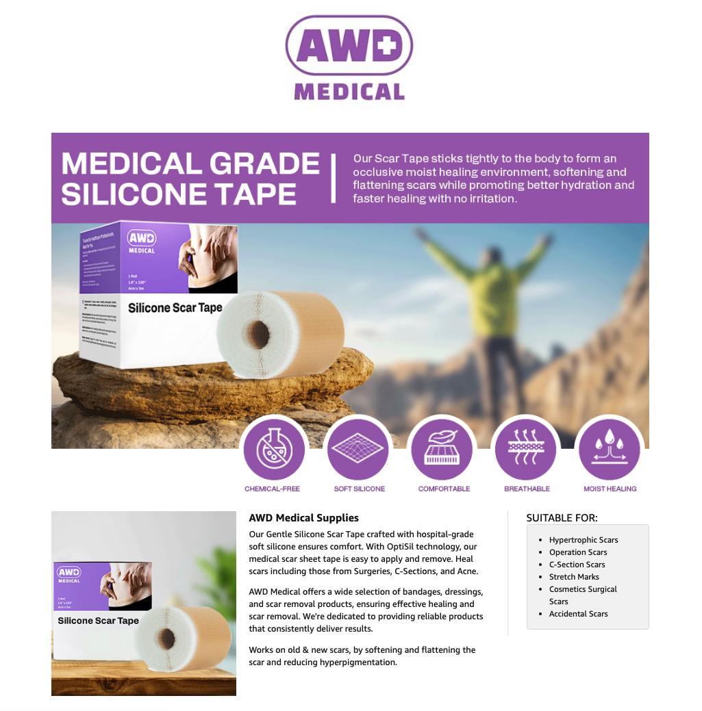 AWD Silicone Scar Sheets, Medical Grade Soft Silicone Gel Tape for Scar ...