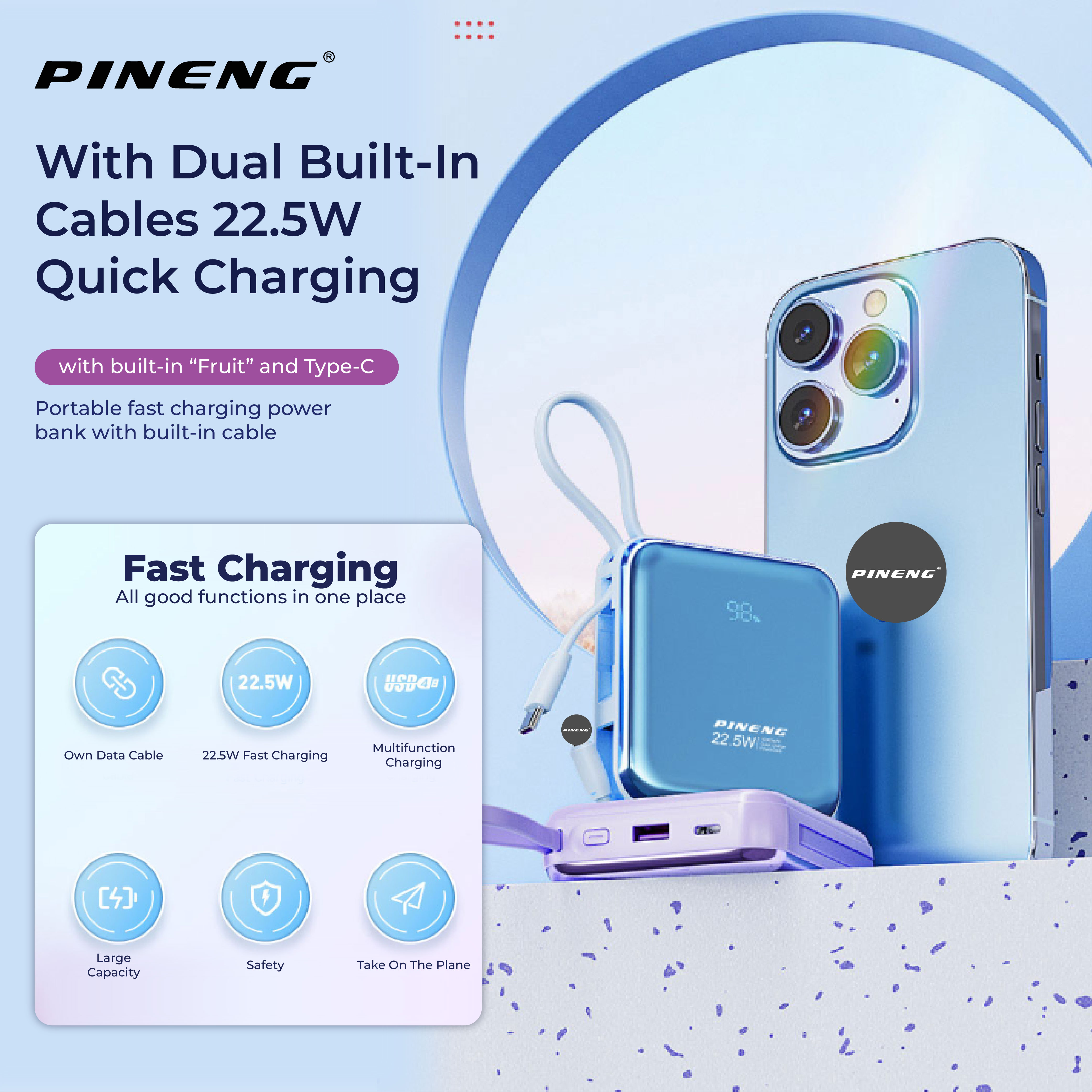 Pineng PN-875PD 10000mAh Portable PowerBank 22.5W Fast Charge Built-In ...