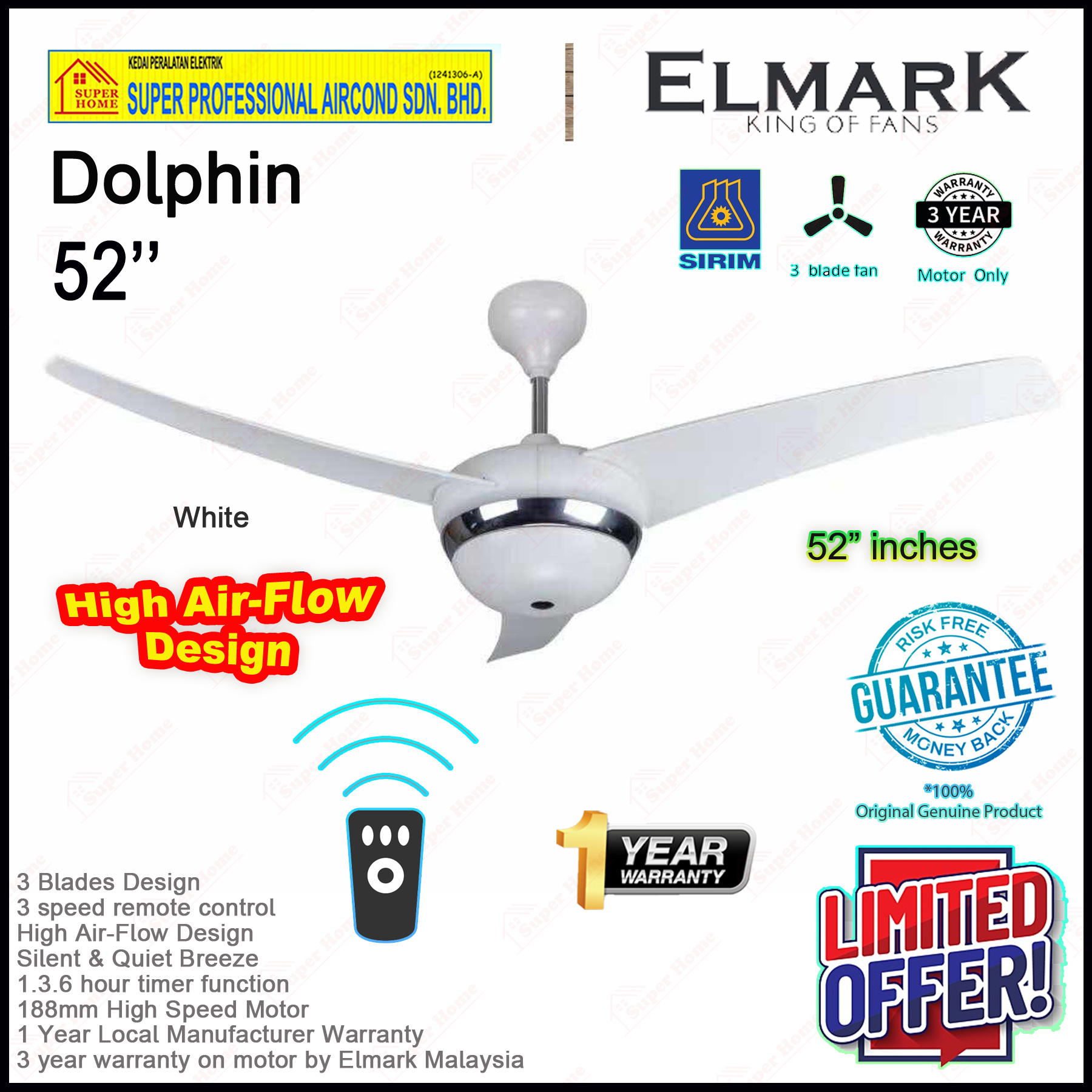 Deka Ceiling Fan SCX 56 PRO White ((Steel Metal Blades)) DC Motor 56 ...