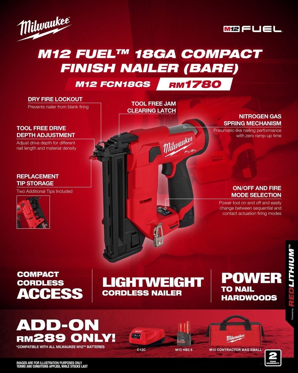 MILWAUKEE M12 FUEL 18 Gauge Compact Finish Brad Nailer M12 FCN18GS Nail ...