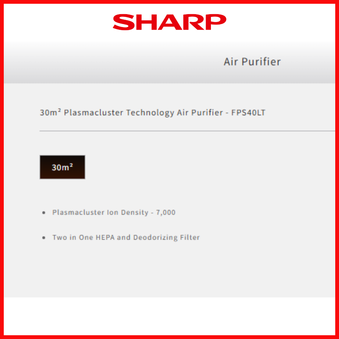 SHARP 30m² Plasmacluster Technology Air Purifier FPJ30LA / FPJ30LB ...
