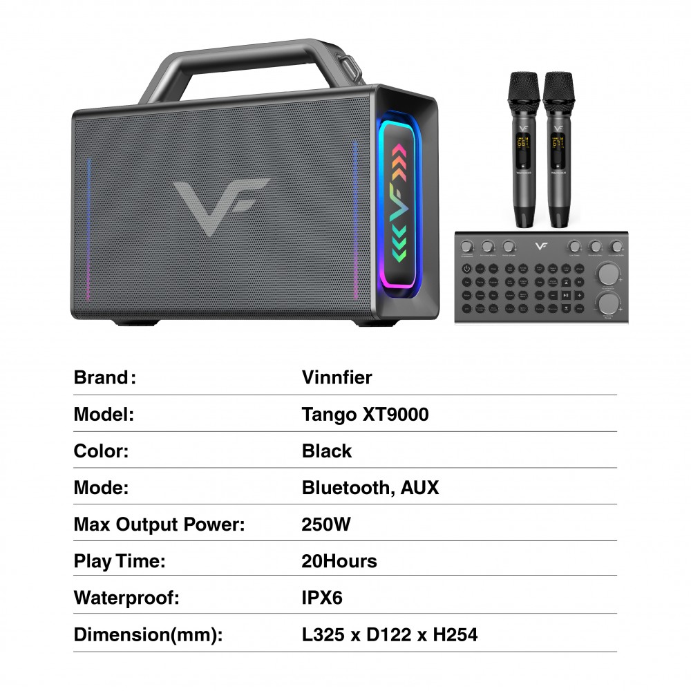 Vinnfier Tango XT9000 MAX 250W Karaoke Portable Bluetooth Speaker with ...