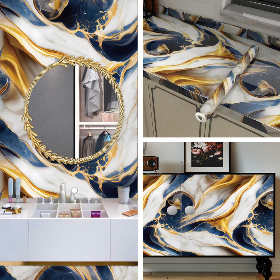 (Marble) Dark Blue Marble Design Sticker PVC Waterproof Self-Adhesive ...