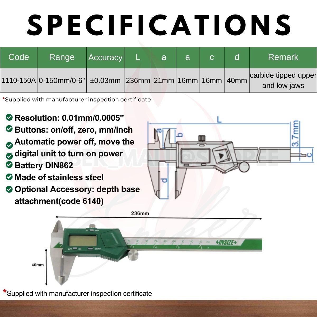 INSIZE Digital Calipers With Carbide Tipped Jaws 1110-150A (150mm) | Shopee Malaysia