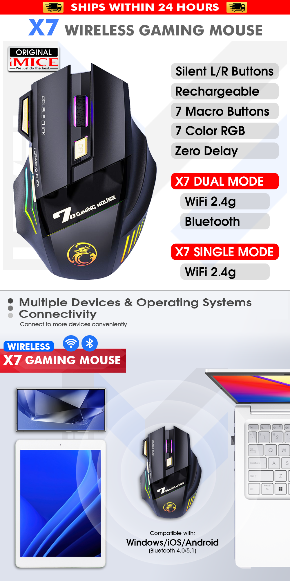 Mouse wireless wired mouse gaming DUAL MODE 7 buttons Rechargeable Wi-Fi Bluetooth ORIGINAL ...