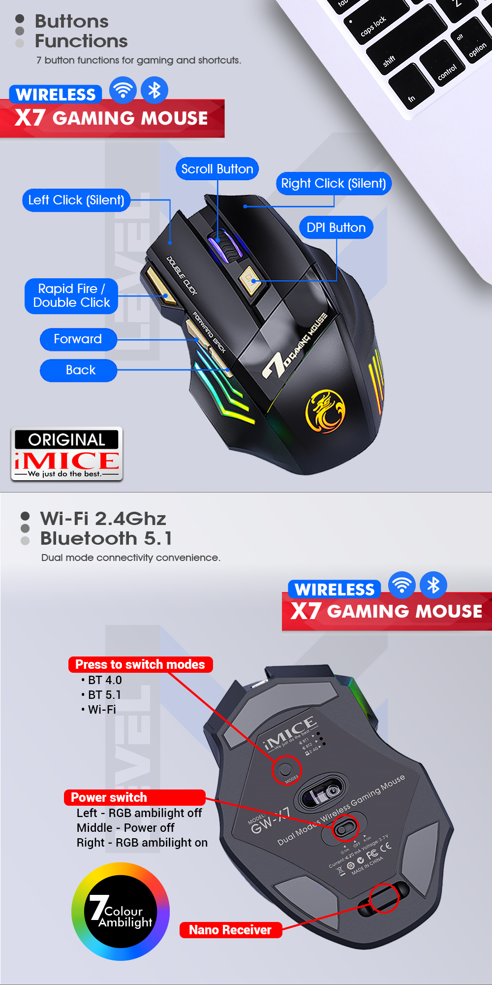 Mouse wireless wired mouse gaming DUAL MODE 7 buttons Rechargeable Wi ...