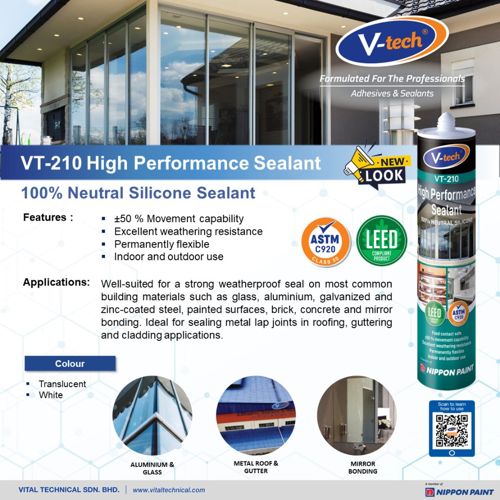 V-TECH VT-210 High Performance 100% Neutral Cure Silicone Sealant 300ML ...