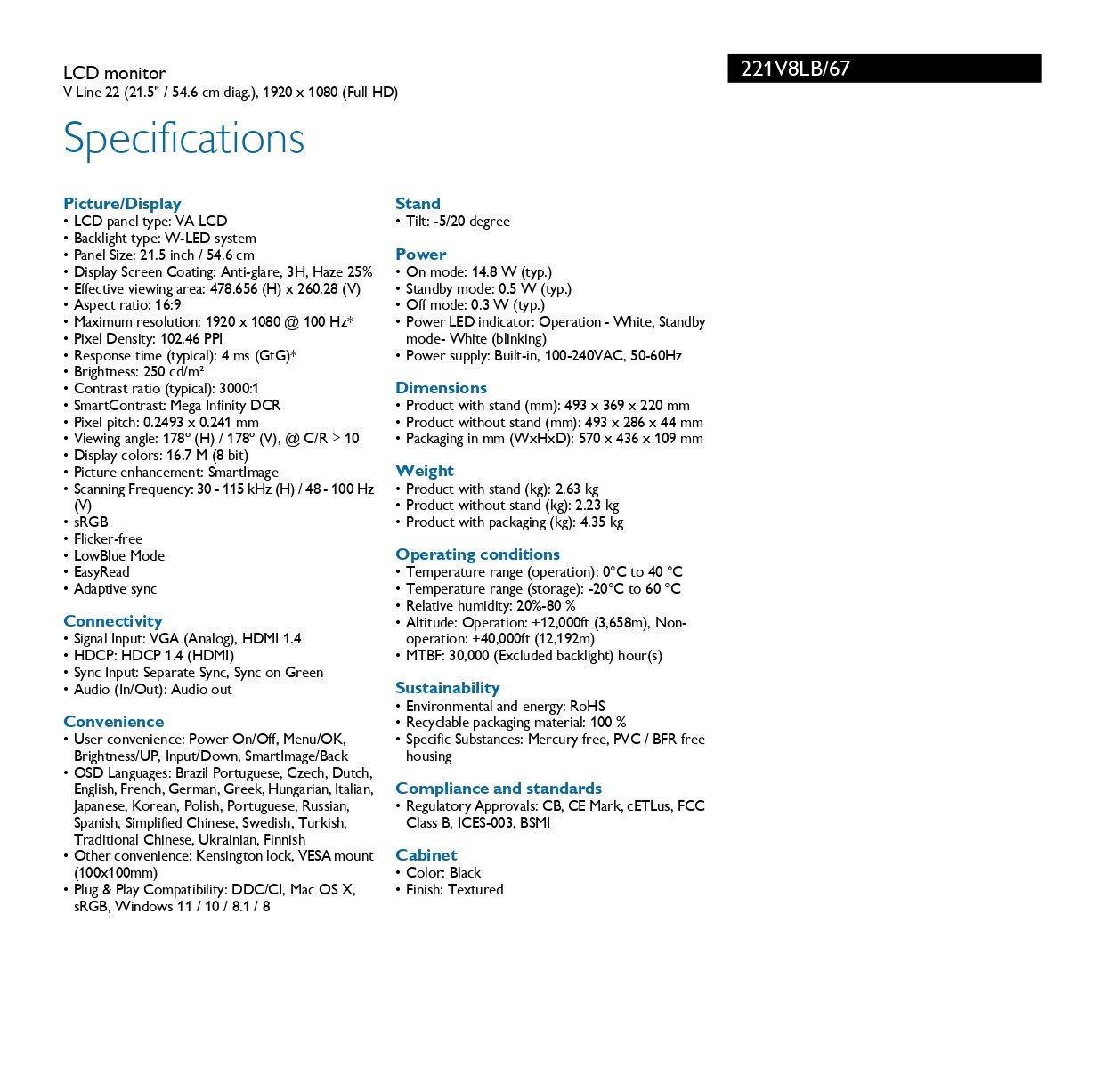 PHILIPS 22" 221V8/LB LED FULL HD (1920x1080 @75HZ) VA PANEL FLAT LCD ...